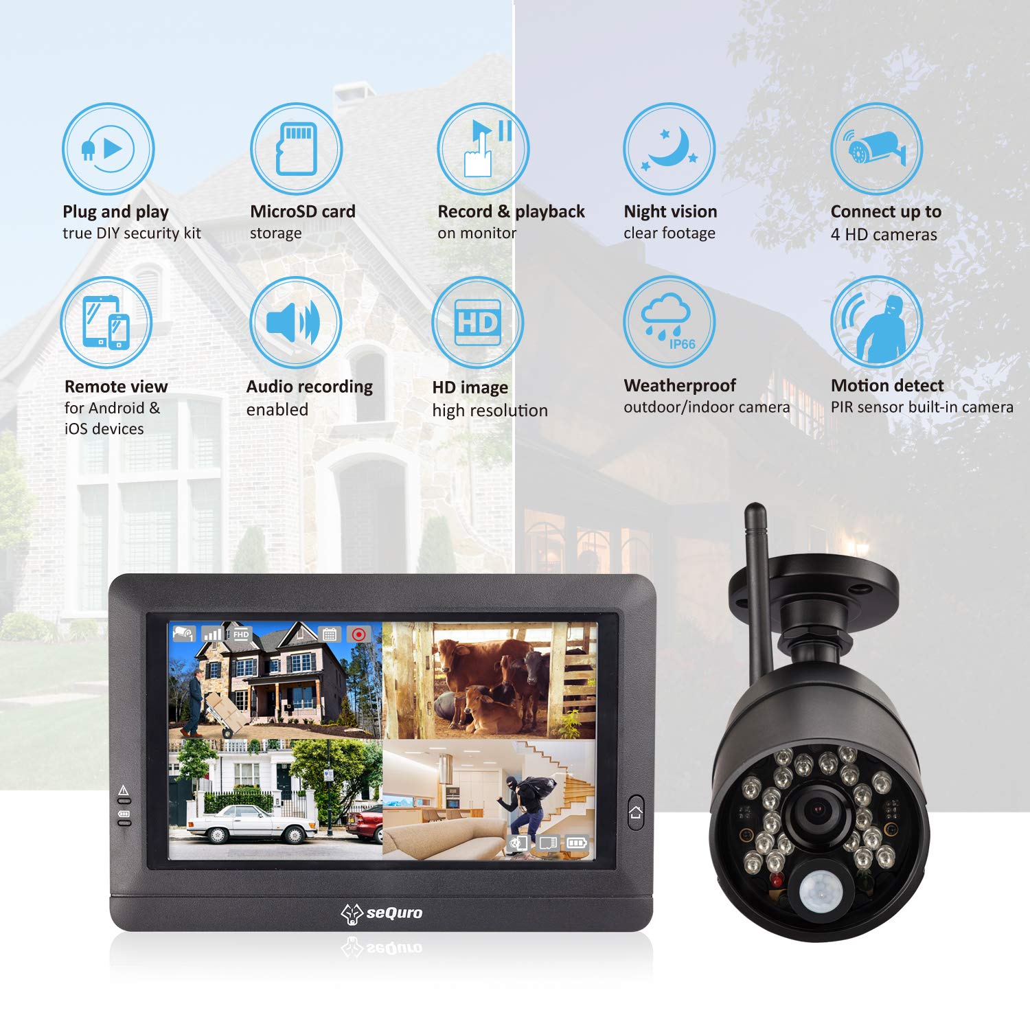 SeQuro-Security-Camera-Monitor-Wireless 720P Outdoor Bullet Cameras, Portable Security Monitor, Night Vision, Waterproof, Motion Sensor Home Surveillance DVR Kits