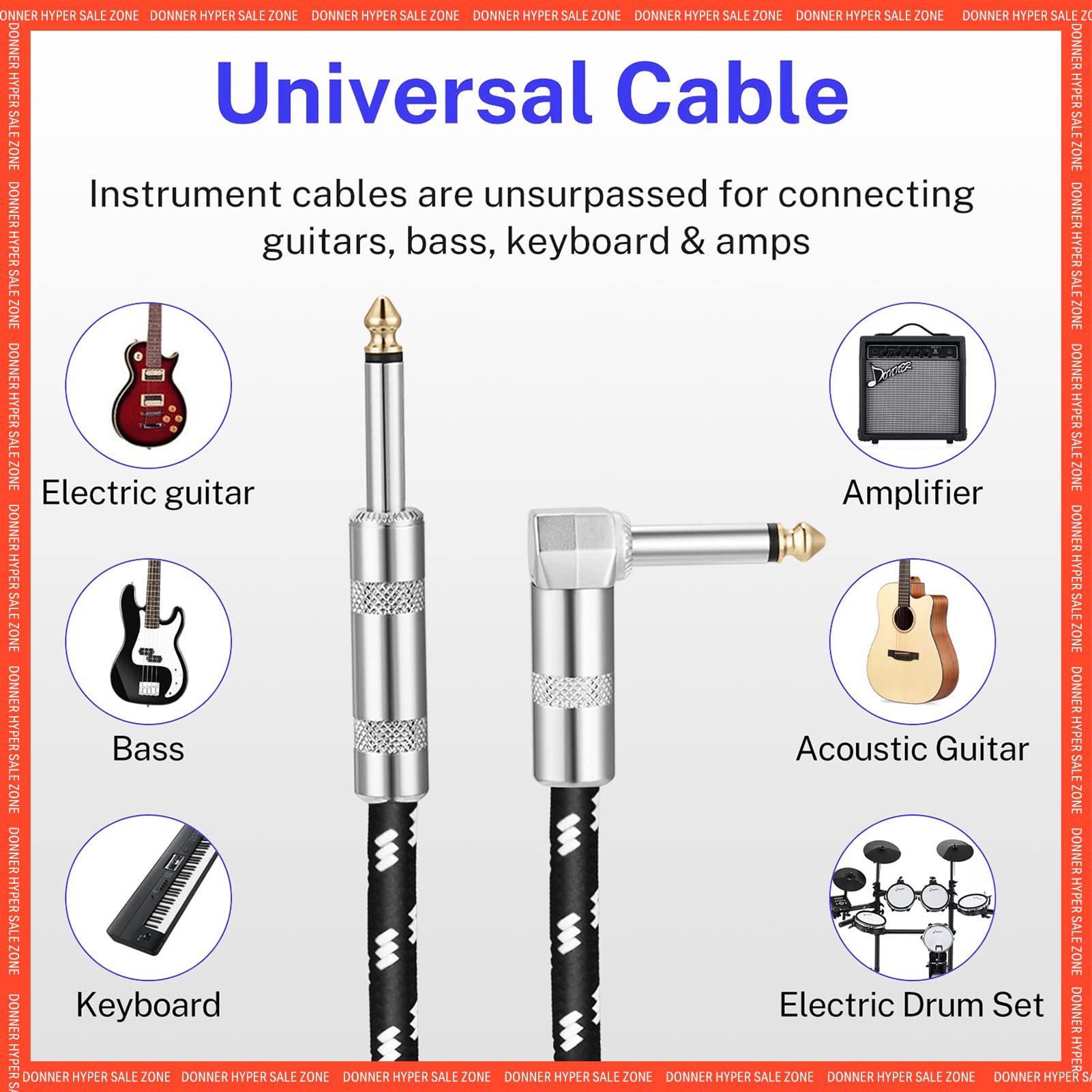 Donner 30 Inch Junior Electric Guitar Beginner Kit ST Style Mini Size ST Electric Guitar Junior Starter & Donner Guitar Cable 10 ft, Electric Instrument Cable Bass Amp Cord for Electric Guitar Bass