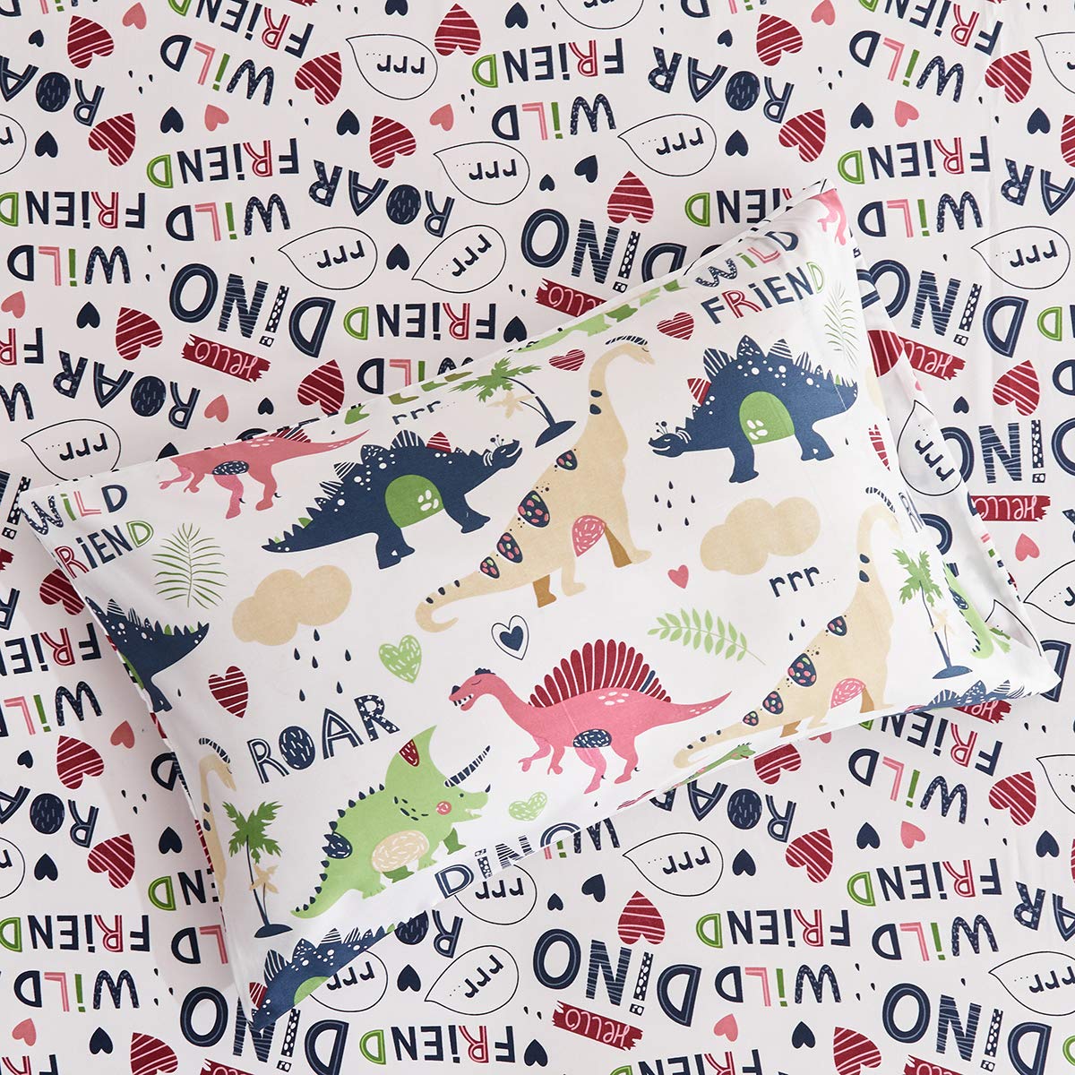 Dinosaur Twin Sheet Set for Kids Boys Teens Cute 3 Pieces White Microfiber Bedding Set with Green Red Yellow Blue Dinosaur Colorful Monster Style