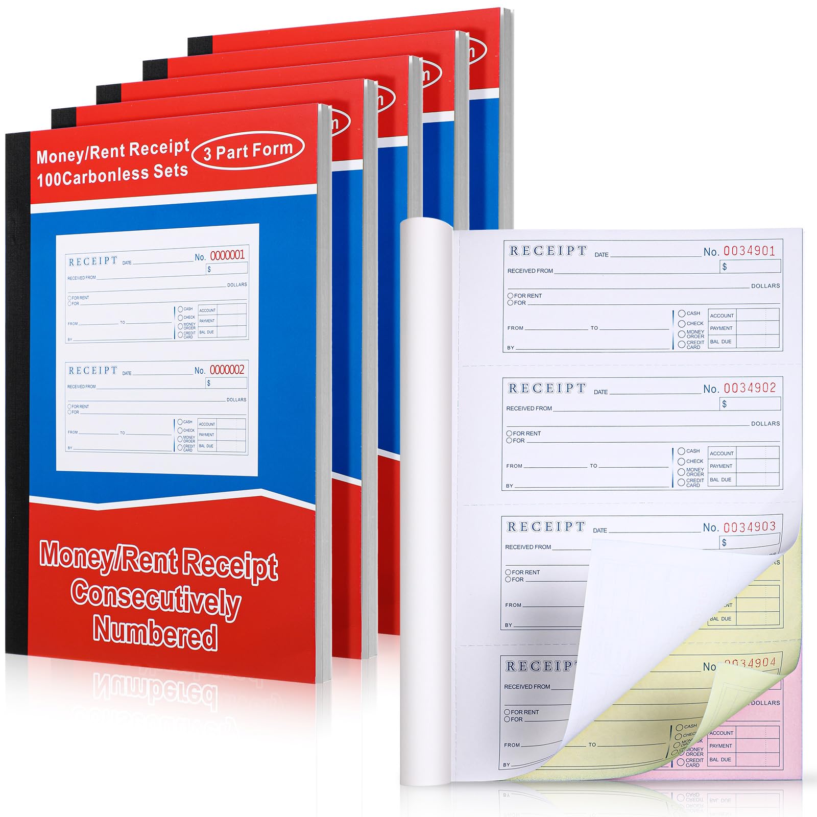 Crtiin 6 Books Money and Rent Receipt Book 3 Part Carbonless Receipt Book, 7-5/8" x 10-7/8", Bound Cover Receipt Log Book 100 Sets Per Book 4 Receipts Per Page
