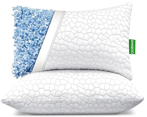 Cooling Pillows 2 Pack, Luxury Shredded Memory Foam Pillows Queen Size Set of 2, Cool Pillows for Side Sleepers Back Stomach Gel Bed Pillows for Sleeping with Removable Cover Rayon Derived from