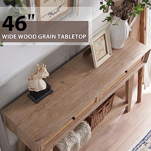 OKD Rattan Entryway Table, 46" Mid Century Modern & Boho Console Table with Drawers, Storage Shelf, Tall Long Farmhouse Wood Sofa Table Behind Couch for Entry Way, Hallway, Living Room, Foyer, Oak