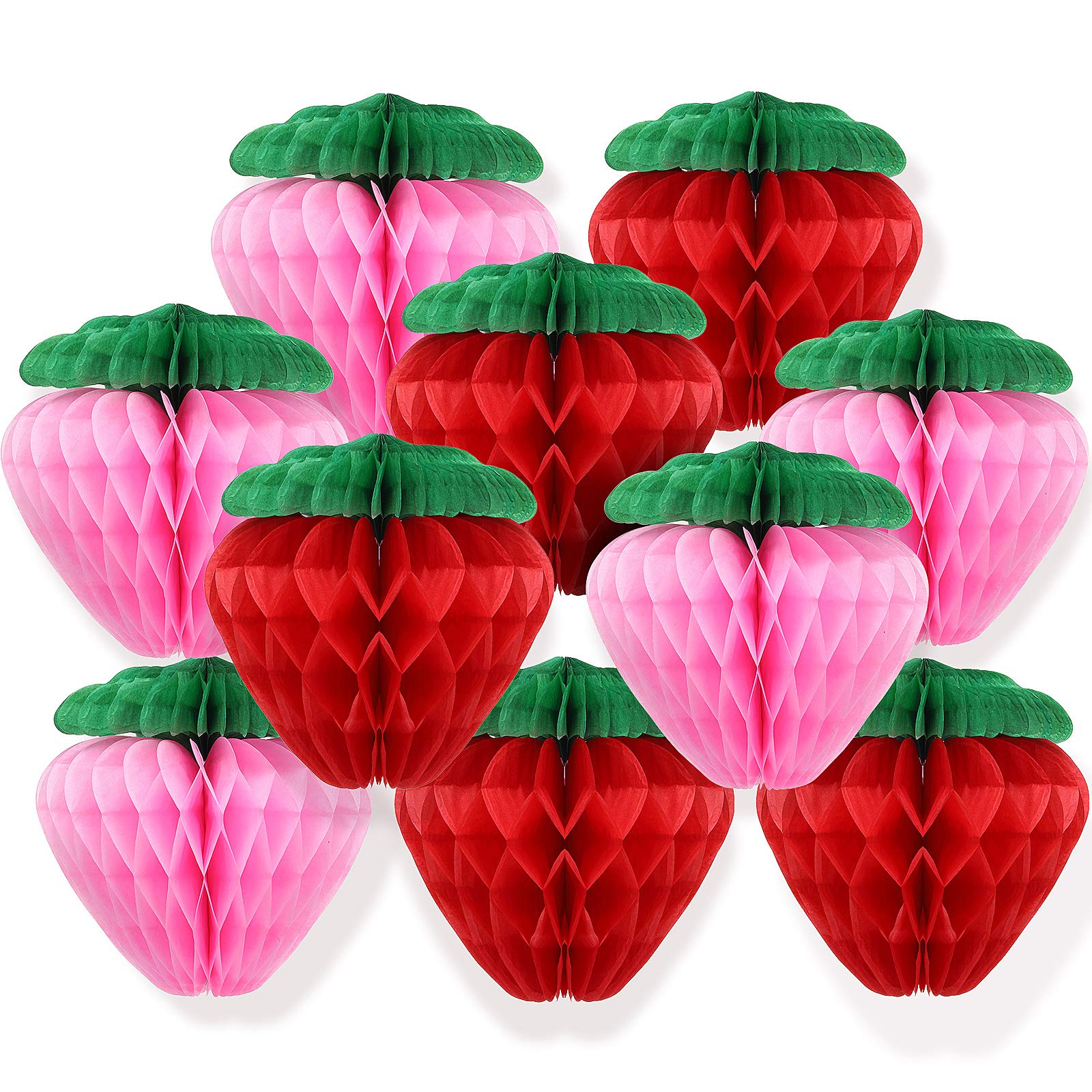 Skylety 10 Pieces 6 Inch Paper Strawberry Honeycomb Ball Tissue Paper Strawberry Ball for Strawberry Birthday Party Decoration (Red and Pink)