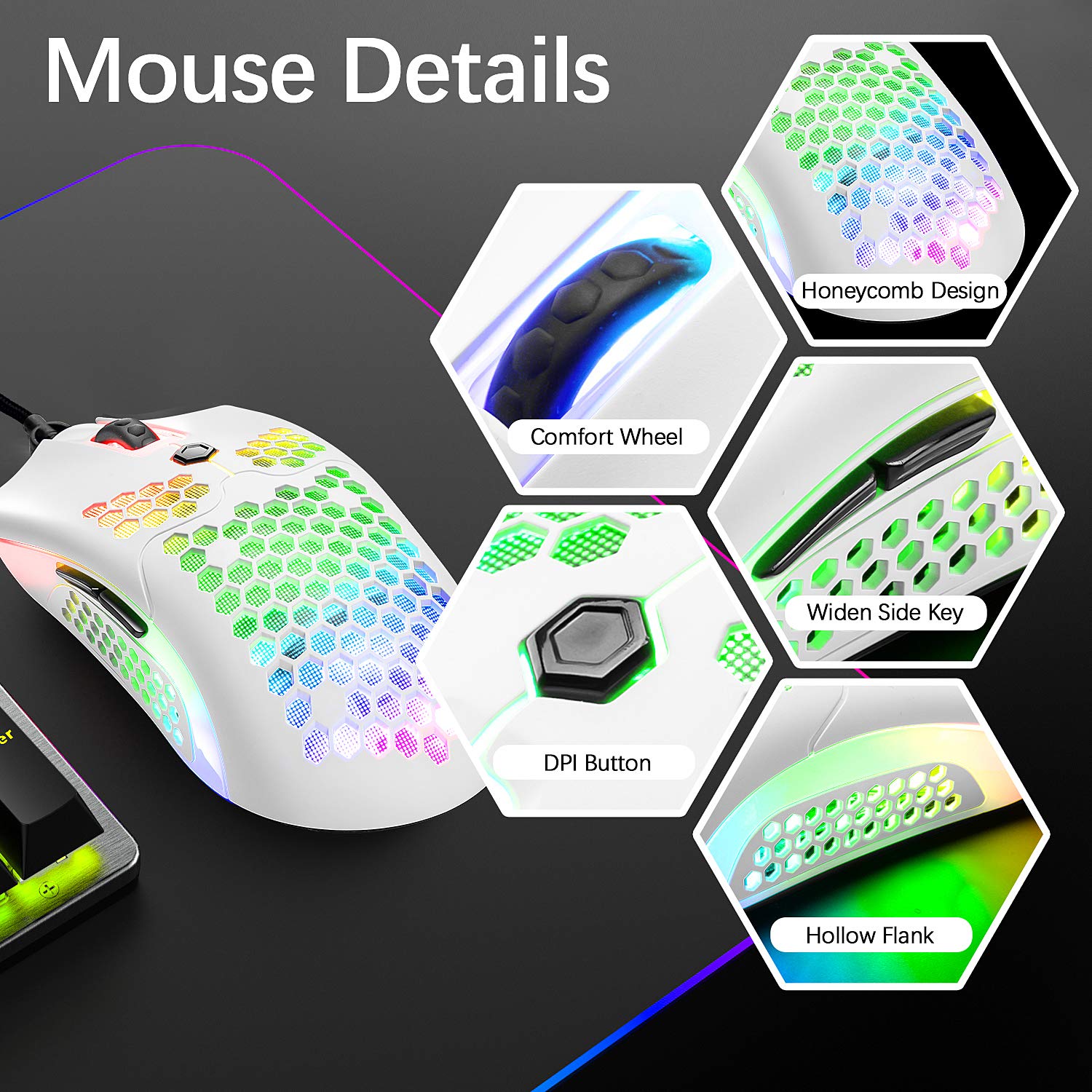ZIYOU LANG M5 RGB Lightweight Wired Gaming Mouse with 12000 DPI 6 Programmed Buttons,65G Honeycomb Shell,Ultralight Ultraweave Cable,Pixart 3325 Optical Sensor Gamer Mice for Laptop PC Mac(White)
