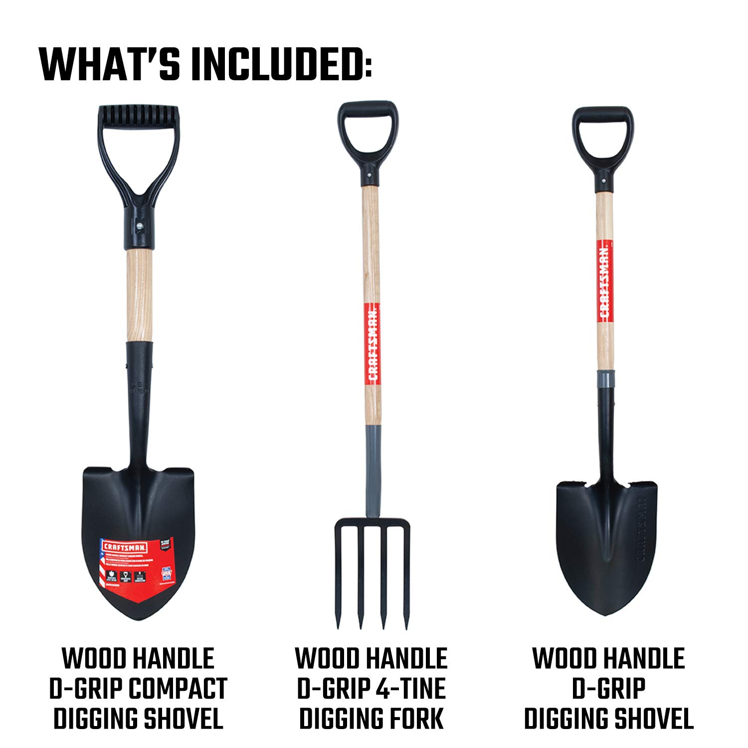 CRAFTSMAN CMXMKIT0120 3-Piece Wood Handle D-Grip Digging Tool Set with Compact Shovel, 4-Tine Fork and Round-Point Shovel