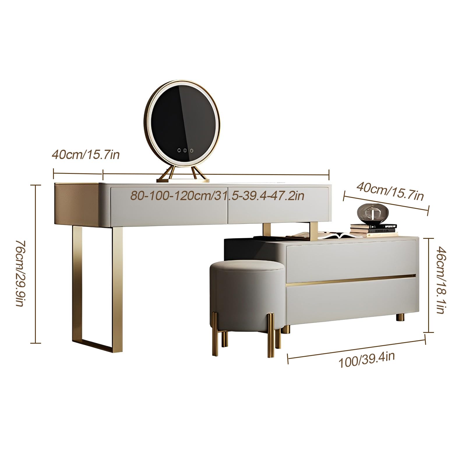 Onaninso Makeup Vanity Table with Lighted Mirror, Vanity Desk with Slate Tabletop and Solid Wood Frame, 4 Drawers, Stool, Side Cabinet, Vanity Set for Bedroom (47.2in)