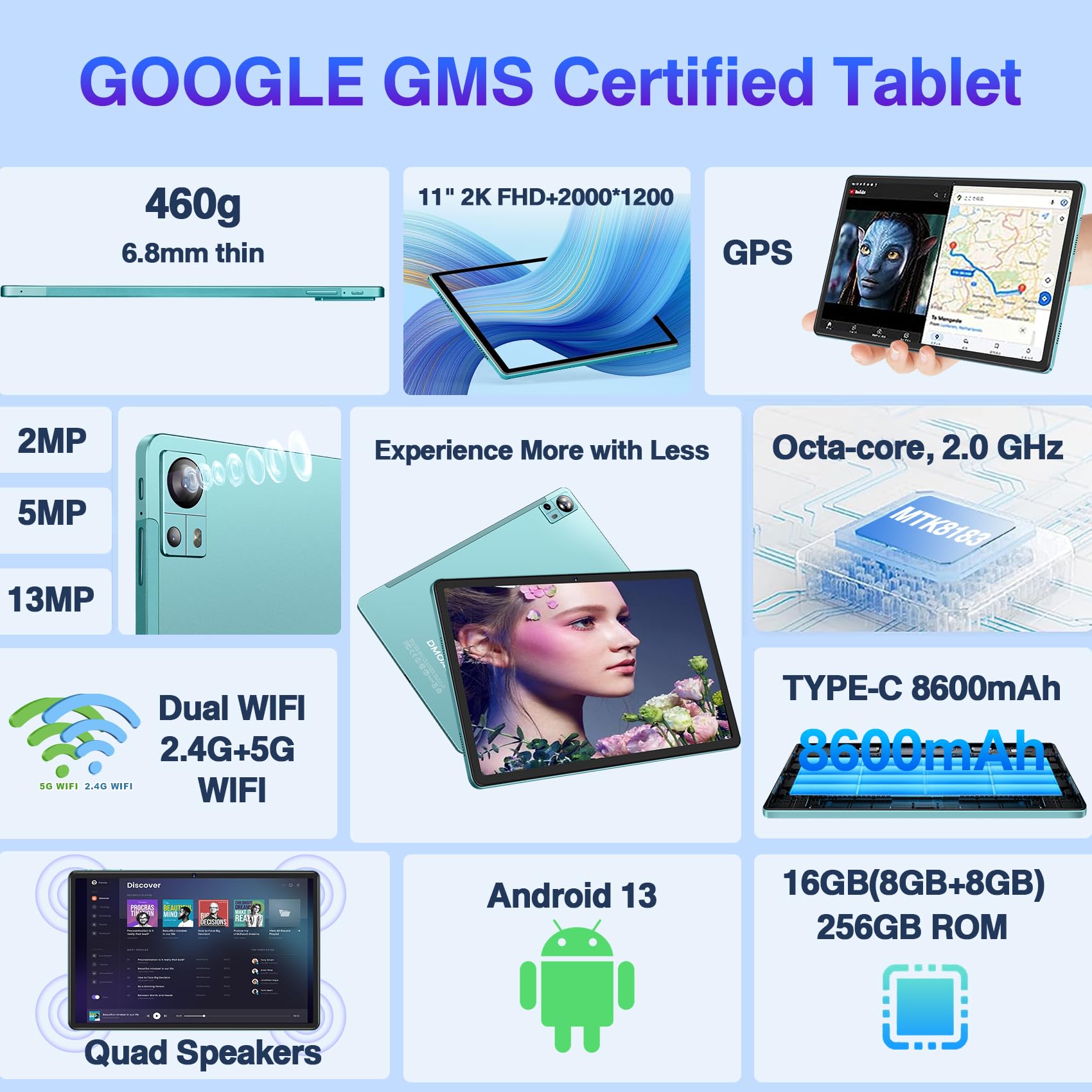 DMOAO Tablet 11 inch Android 13 Tablet 2023 Latest 16GB+256GB Tablets with 1TB Expand, 2000 * 1200 2K Display, 13MP Camera, 8600mAh, Quad Speakers, Split Screen (Gray with Advanced Keyboard, Mouse)