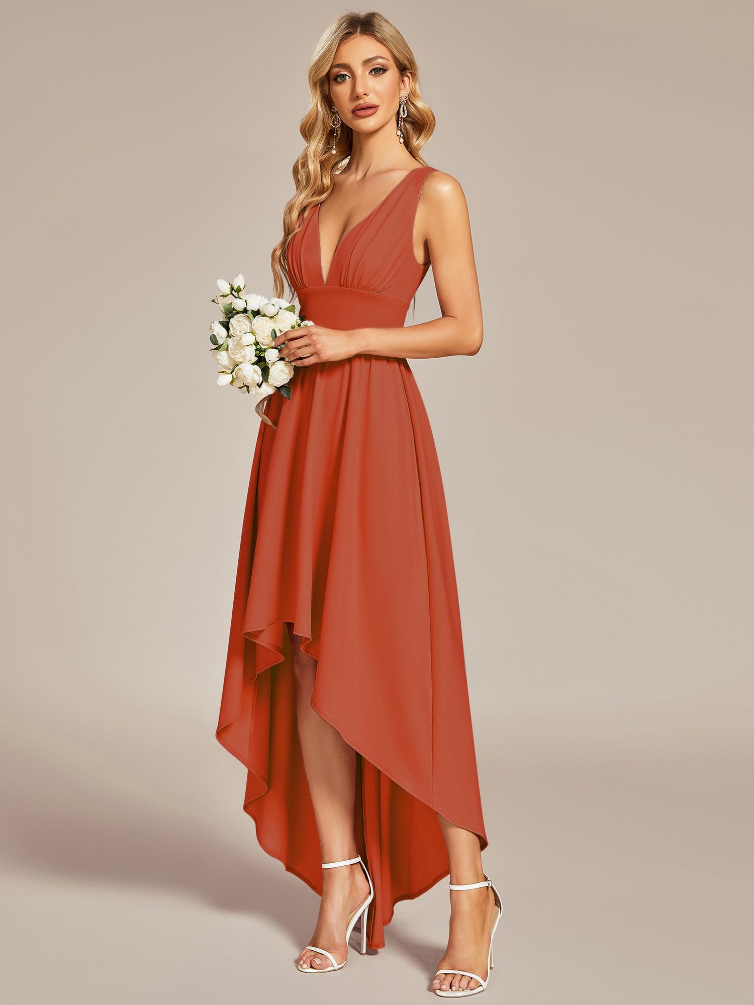 Ever-Pretty Women's Plus Size Ruched V Neck A-Line Hi-Lo Summer Bridesmaid Dresses Burnt Orange US20