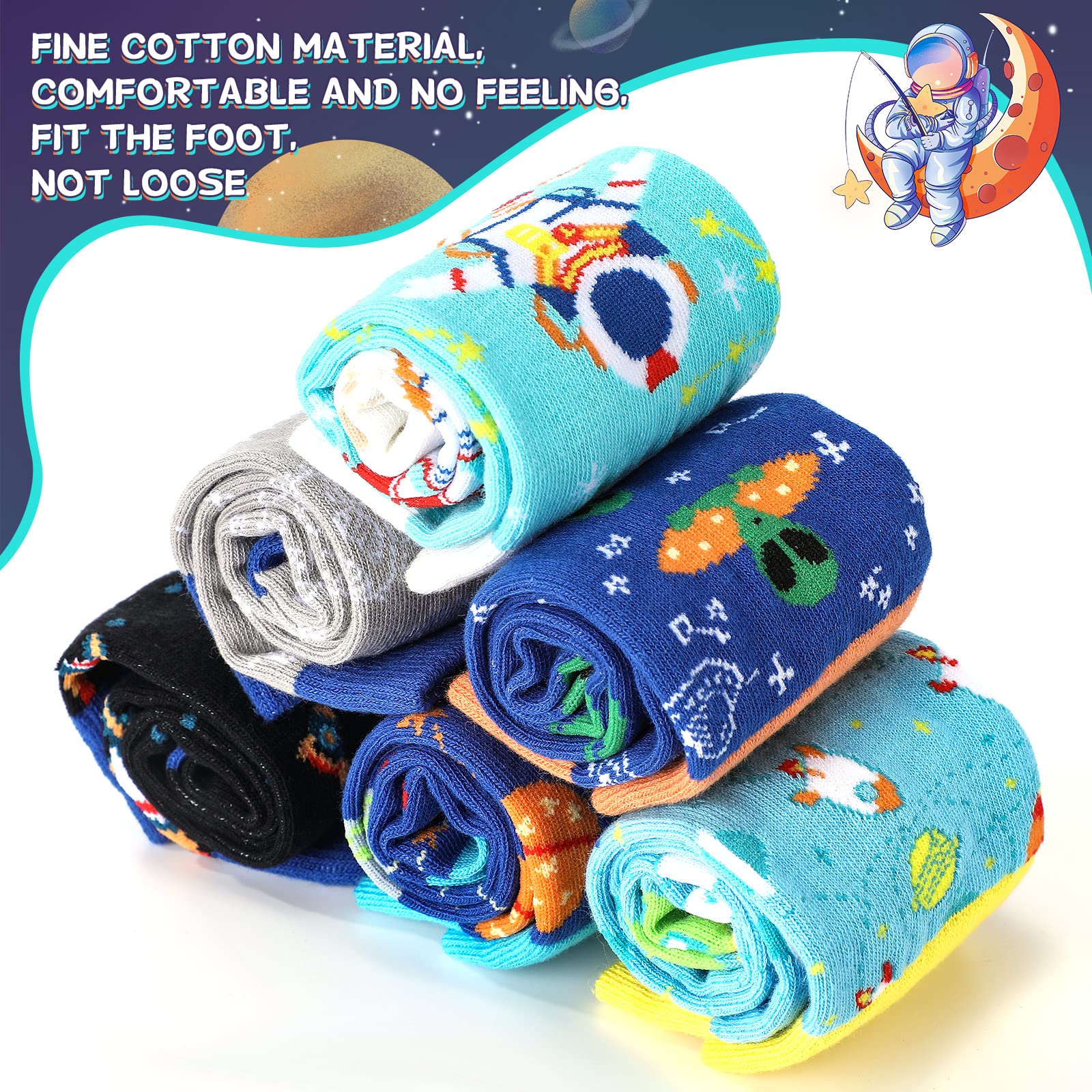 Eurzom 6 Pairs Novelty Socks for Boys Cotton Crew Socks Space Theme Boy Socks Holiday Gift