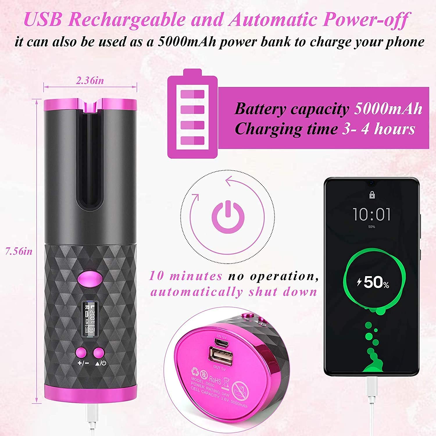 Cordless Automatic Hair Curler, Portable Electric Curler with 6 Temps Rechargeable Curling Wand Fast Heating for Hair Styling