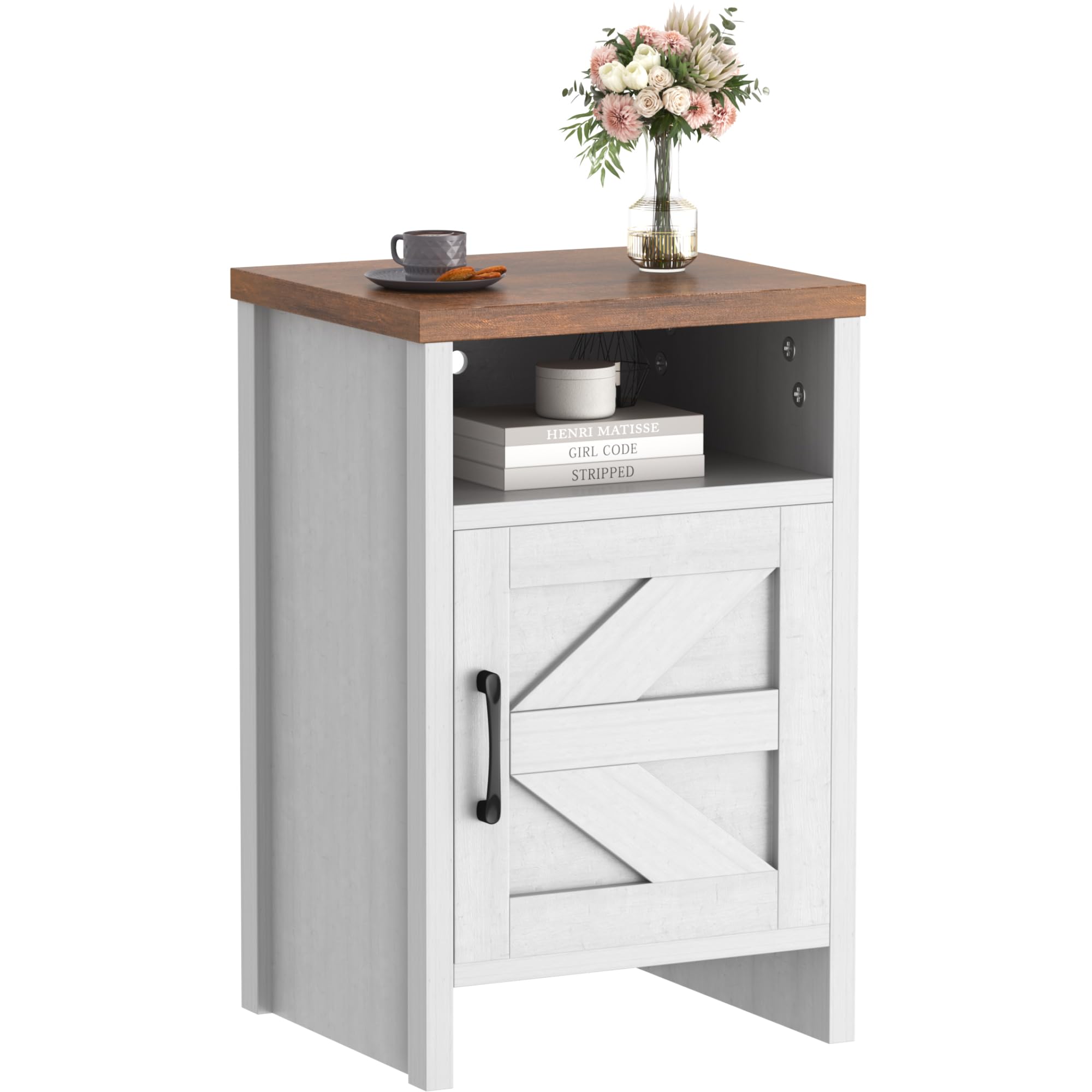 JUMMICO Farmhouse Nightstand, Modern Bedside Table with Barn Door and Shelf, Rustic End Table Side Table for Bedroom, Living Room (2, Grey)