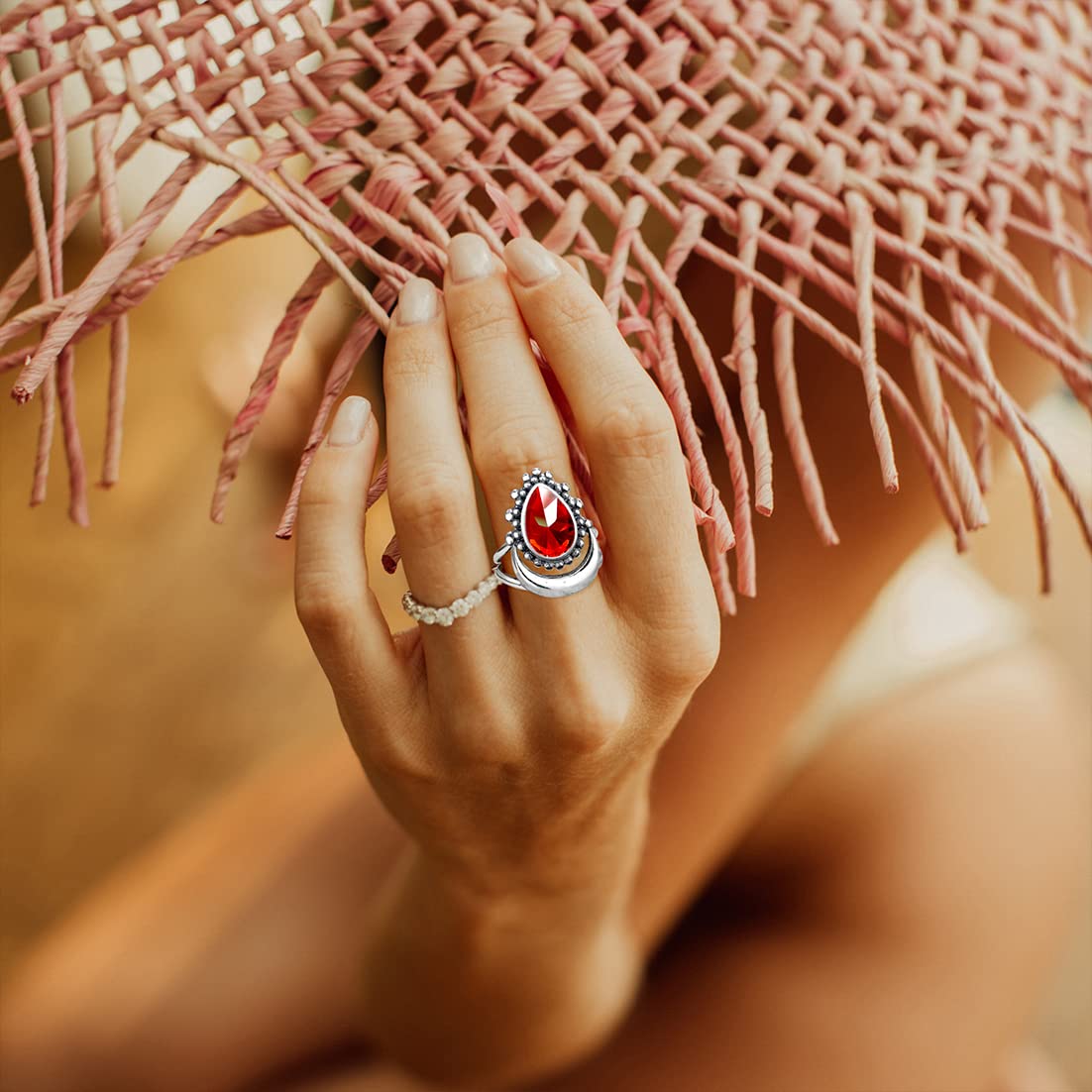 DALEGEM Crescent Moon Topaz Ring for Women,S925 Sterling Silver Pyramid Waterdrop Shaped Crystal Birthstone Gemstone Boho Ring Jewelry (Ring_Red, 6)