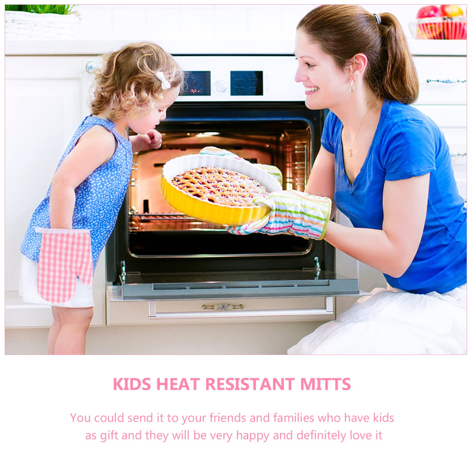 DOITOOL 2pcs Oven Mitts for Kids Children Play Kitchen Heat Resistant Kitchen Cooking Gloves for Cooking Baking Grilling ( Pink )