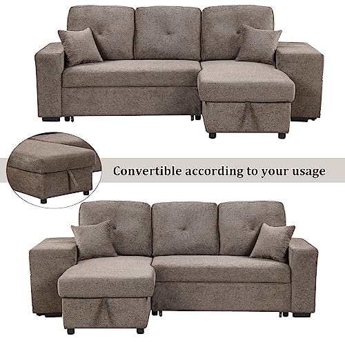 Reversible Sleeper Sectional Sofa Bed with Side Shelf and 2 Stools,Pull Out Couch Bed with Left/Right Hande, L-Shaped 3-Seater Couch for Living Room Apartment(Knox Charcoal)