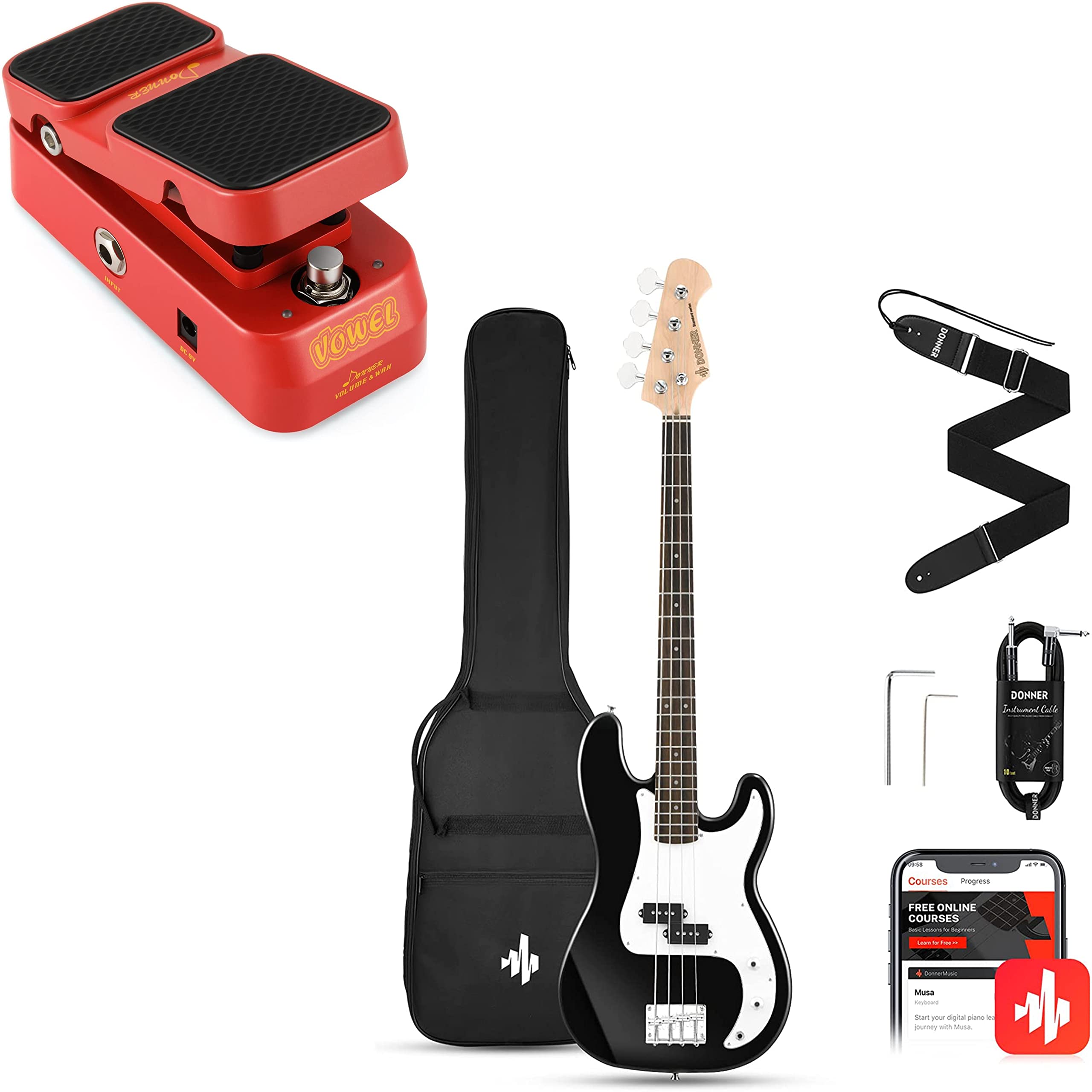 Donner Electric Bass Guitar 4 Strings + Wah Guitar Pedal