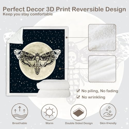 Sleepwish Death Moth Throw Blanket Hawk Moth Skull Sherpa Fleece Blanket Black Galaxy Star Print Blanket Large Size Gothic Halloween College Dorm Decor, Queen (90" X 90")