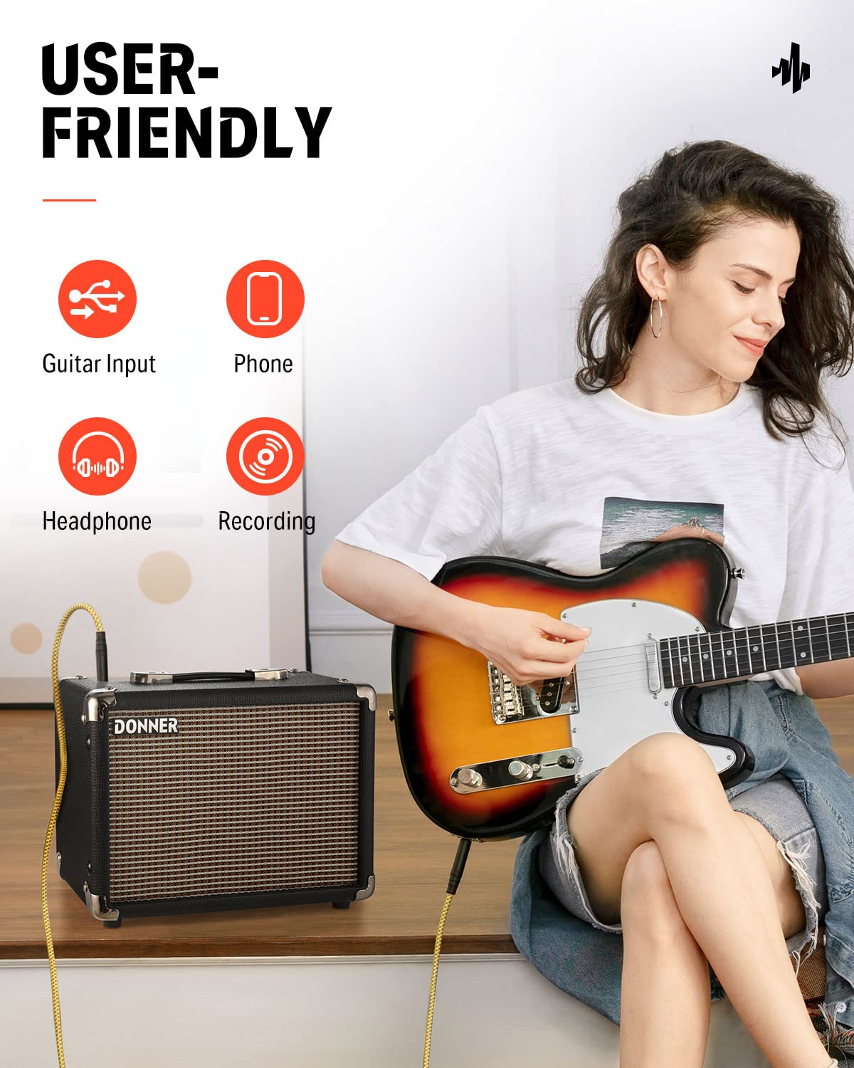 Donner M-10 10W Guitar Amplifier, Electric, Bass and Acoustic Guitar Combo Amp, with APP & Donner Guitar Cable 10 ft 2 Pack