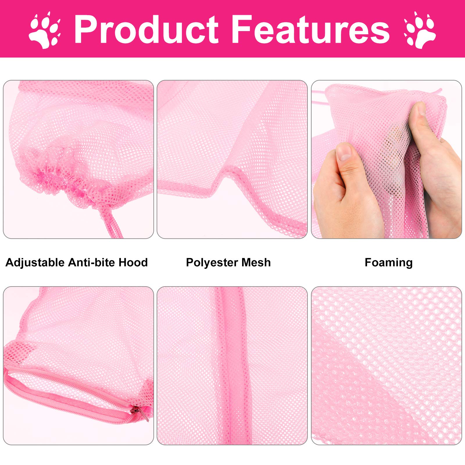 Patelai 5 Pcs Cat Bathing Bag Set Cat Grooming Bag Adjustable Pet Shower Net Bag Muzzles Nail Clipper Tick Remover Tool Massage Brush (Pink)