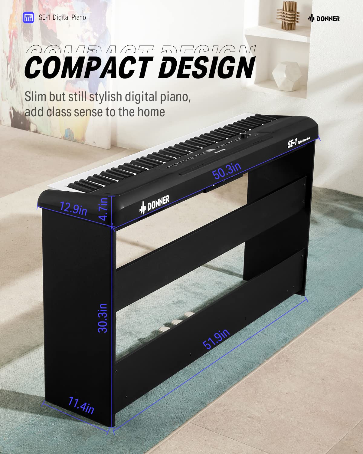 Donner SE-1 88 Key Digital Piano with Graded Hammer Action Weighted Keys, Record, Bluetooth, 4 Reverb, LCD Screen, MIDI IN/OUT, 88 Key Weighted Keyboard Piano Bundle with Stand, Headphone, Three Pedal