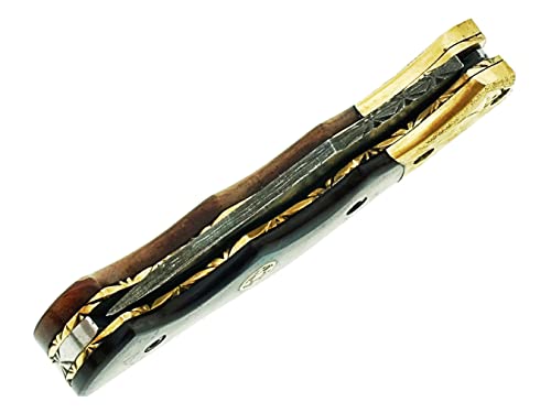 Damascus Steel Blade Folding Pocket Hunting Knife Real Leather Sheath For Camping Fishing Outdoor EDC SM91
