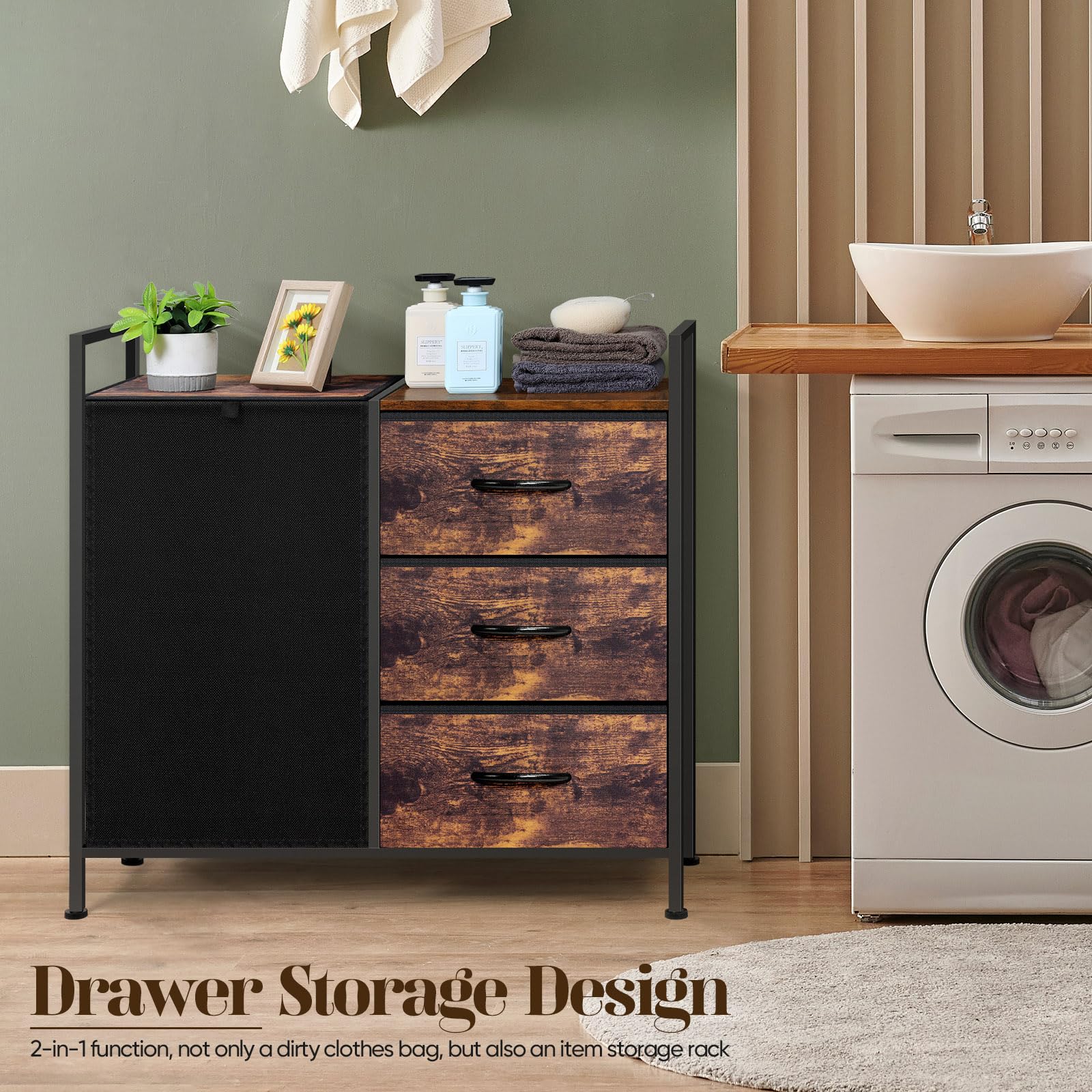 Laundry Hamper with Top Shelf, Laundry Basket Organizer with 1 Large Removable Dirty Clothes Bag & 3 Pull-Out Cloth Drawer, Dirty Clothes Hamper Organizer for Laundry Room Bathroom and Dorm