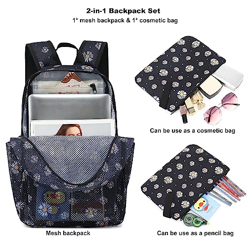 Kouxunt Daisy Mesh Backpack for Girls Women, See Through Casual School College Student Bookbag (Black)