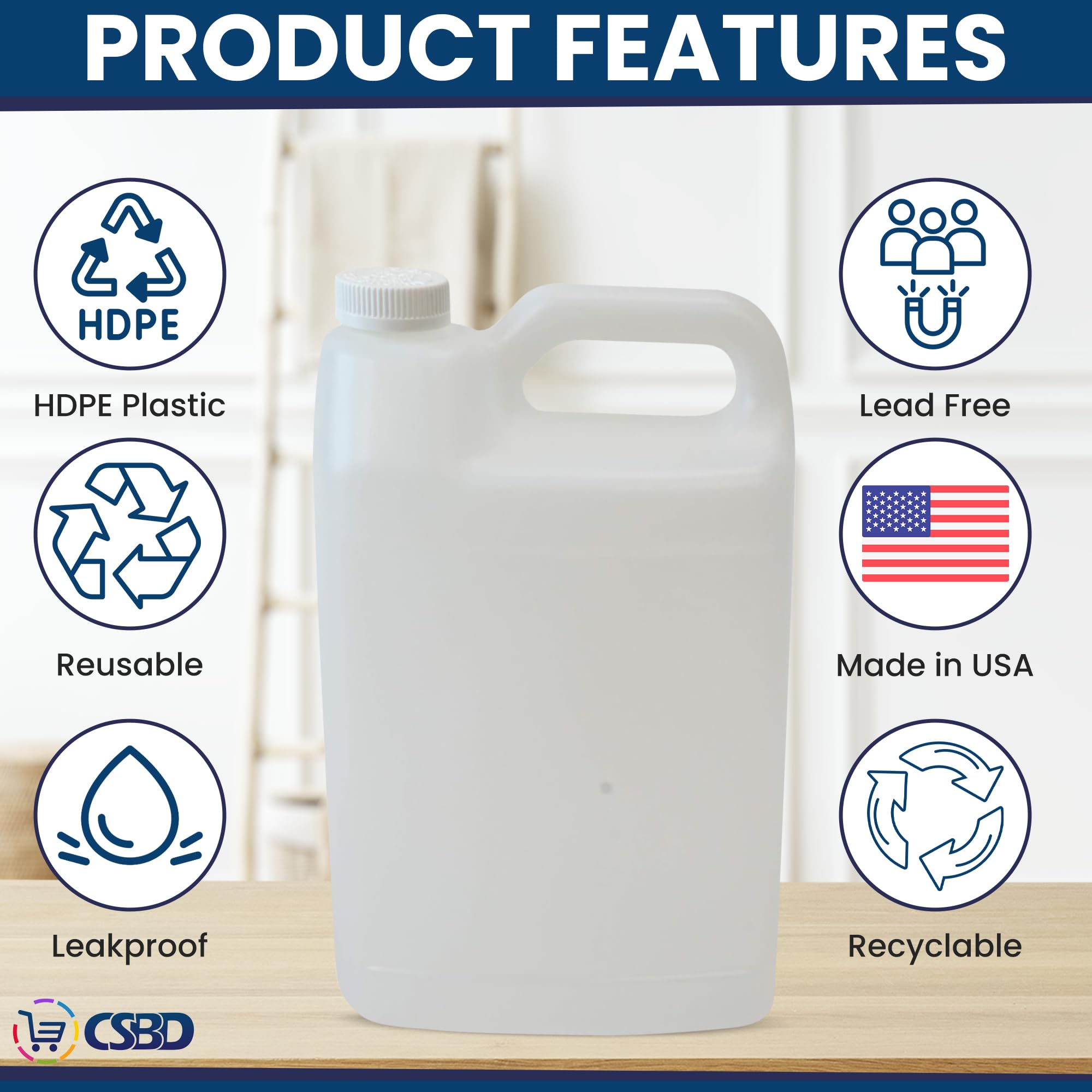 CSBD F-Style Plastic Jug with Child Resistant Lid, Storage Containers with Ergonomic Handle, HDPE Construction for Residential or Commercial Use 2-Pack (1 Gallon, Natural)