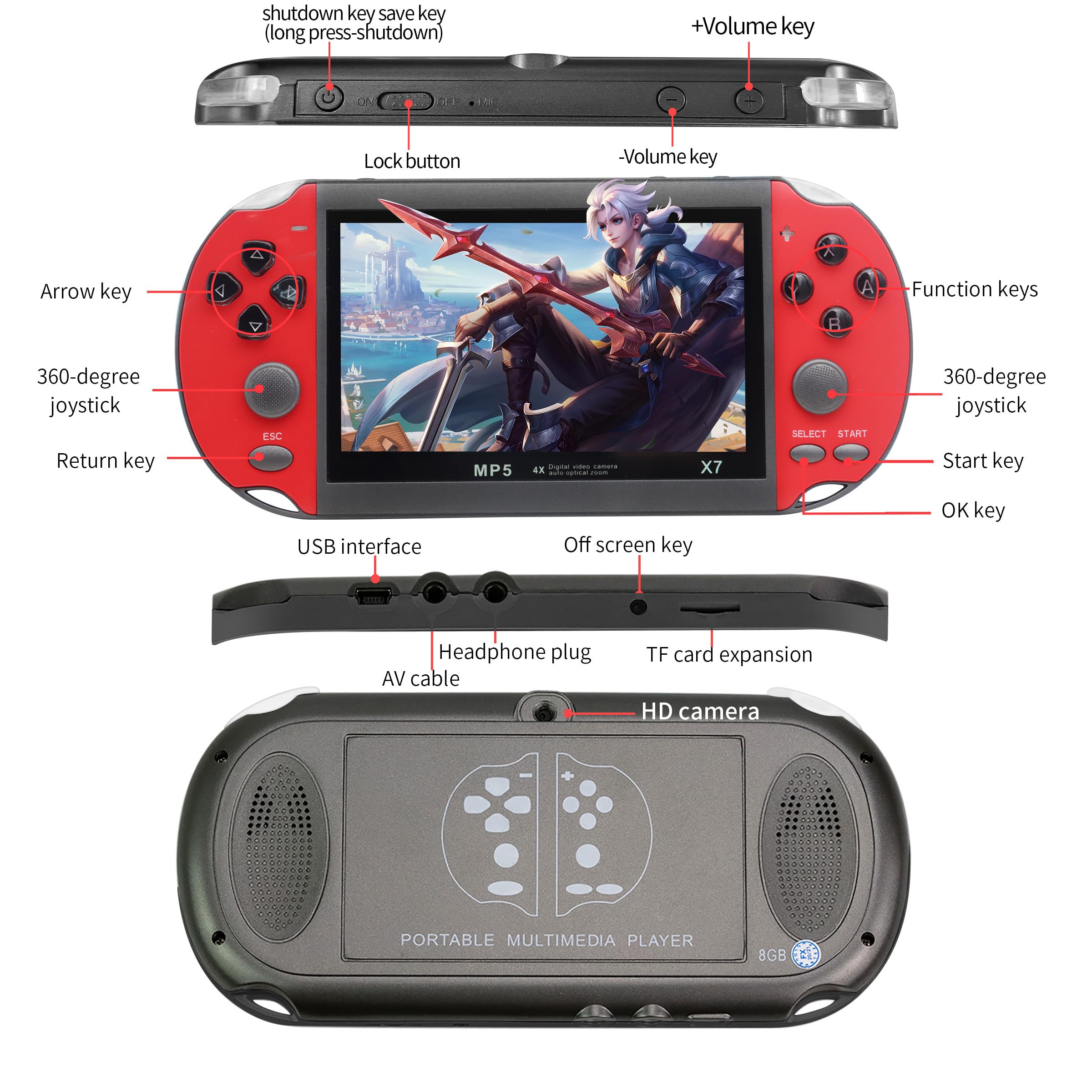 ZWYING Handheld Game Consoles Double Rocker 8GB 4.3 Inch Screen 1000 Classic Game, Support Video & Music Playing, Built-in 3 Million megapixel Camera Birthday and New Year’s Best Gift for Kids (Red)