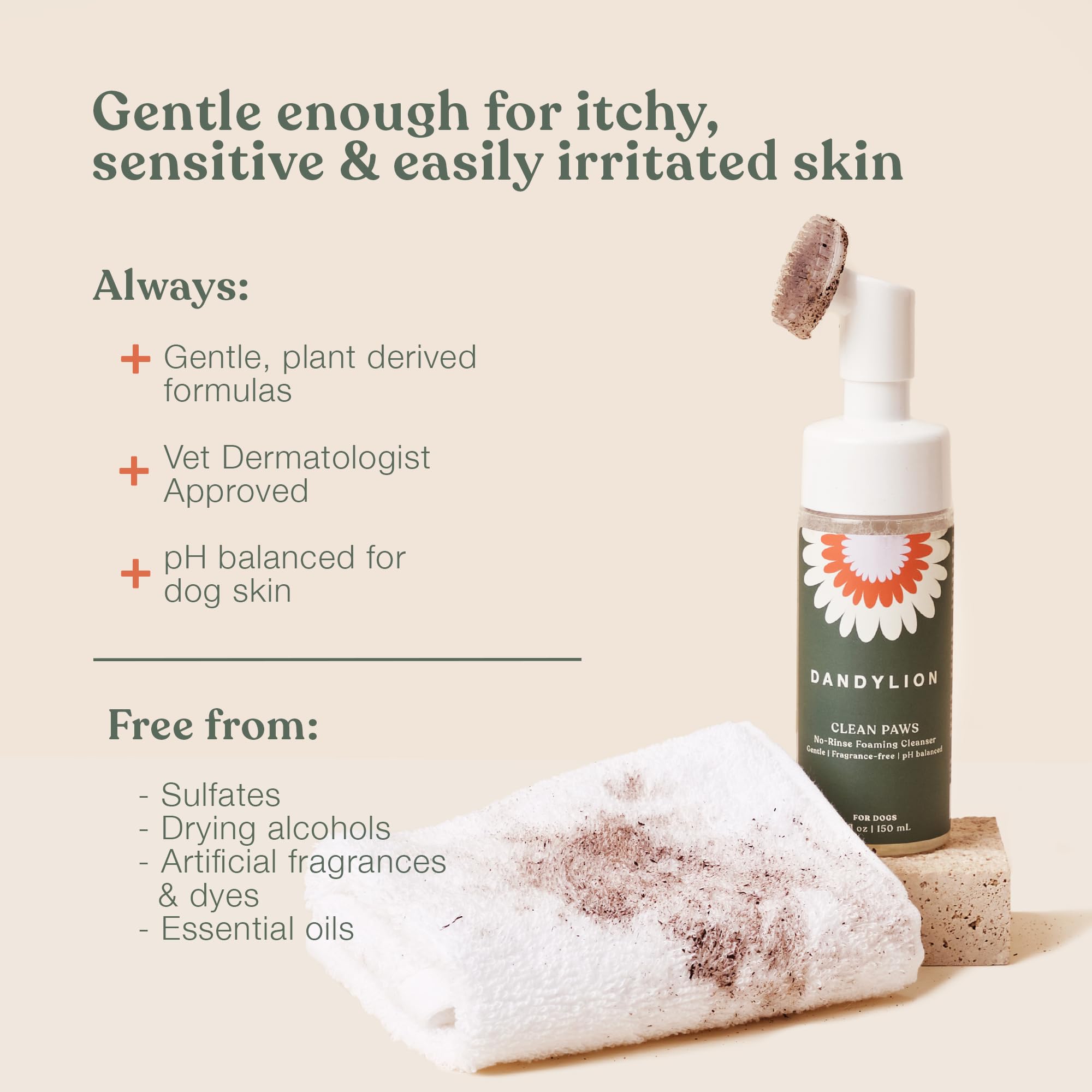 Dandylion Clean Paws | No-Rinse Foaming Cleanser | Gentle, Fragrance-Free, and pH Balanced to Provide a deep Clean Safe for All Dogs | 5fl oz. Bottle with Silicone Bristle Brush