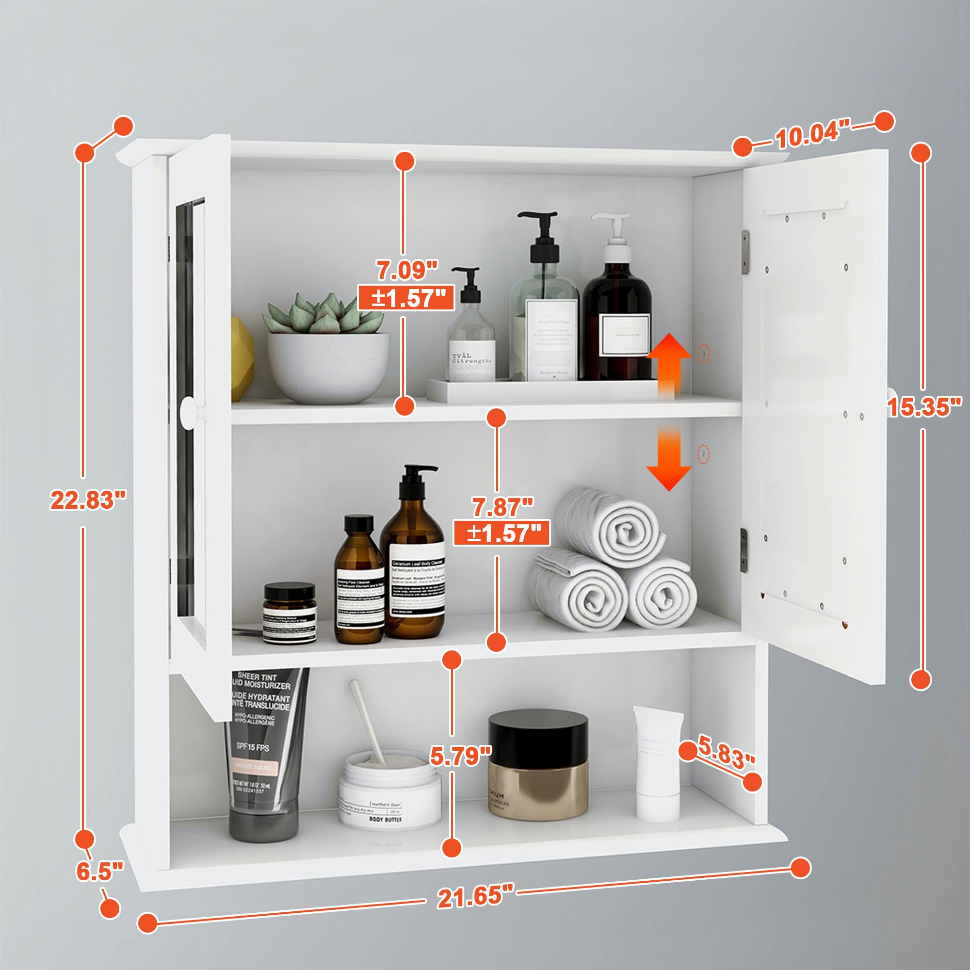 JUQUANBH Bathroom Wall Cabinet, Medicine Cabinets for Bathroom with Doule Mirror Doors 3 Open Shelf, Wooden Bathroom Storage Cabinet