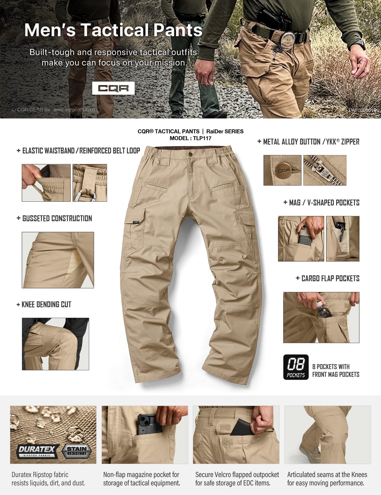 CQR Men's Tactical Pants, Water Resistant Ripstop Cargo Pants, Lightweight EDC Work Hiking, Outdoor Apparel, Duratex Mag Pocket Black, 34W x 30L