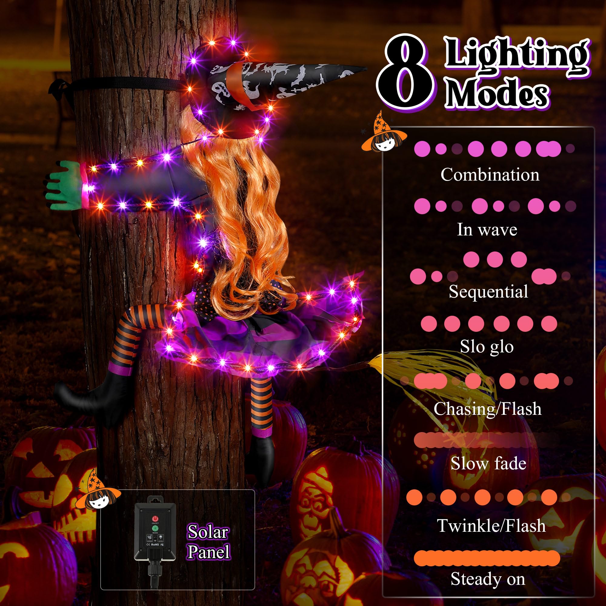 Crashing Witch into Tree Halloween Decorations (43 Inch Tall), Large Crashed Witch Sewed with Solar String Lights for Outdoor Porch Garden Patio Pathway Party Halloween Decor (Orange)
