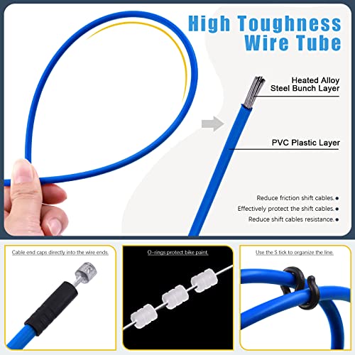 Glarks 5Pack Blue Bicycle Shifter Cable Housing Kit with Aluminum End Caps S Hook Crimps for Mountain Road MTB Bike Replacement