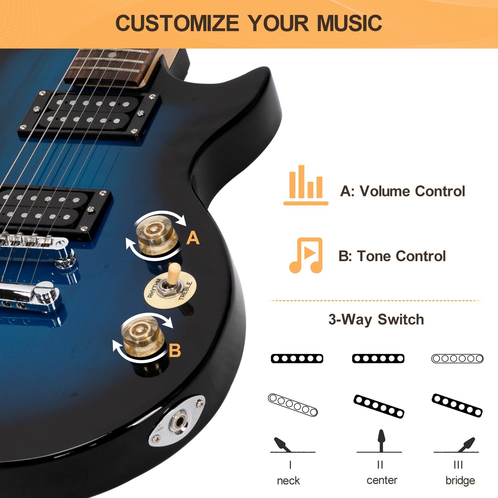 GLARRY 39" GLP Electric Guitar Solid Body Full Size Kit for Beginner, Humbucker Pickups, 3-Ways Switch with Bag, Strap, Cable, Plectrum, Pick (Dark Blue)