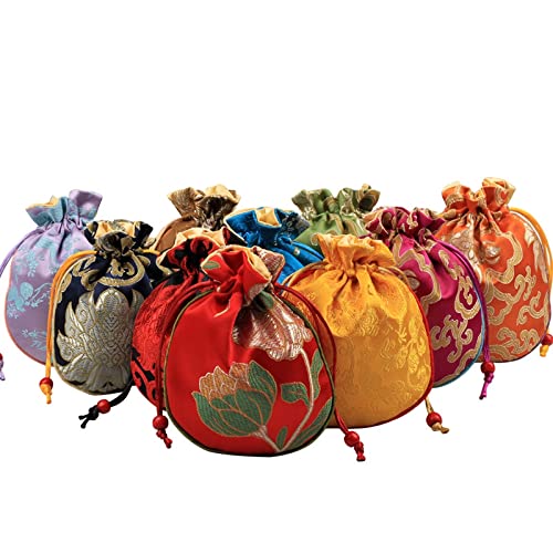 Cotton Filled Drawstring Small Bags for Jewelry Gift Pouch Packaging Chinese Silk Brocade Jewelry Pouch Thicken Luxury Jewellery Storage Bag (10, Mixed Color)