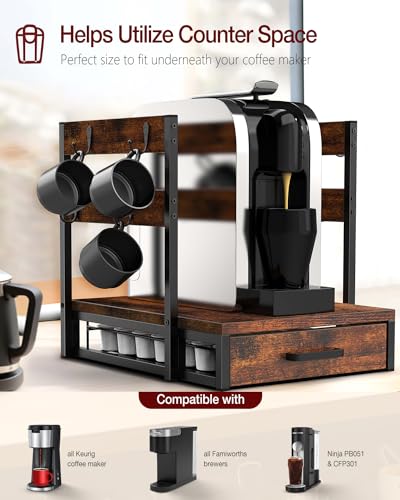 Evermagin K Cup Holder Drawer - Coffee Pod Organizer for Counter, Sturdy K-Cup Storage Drawer with Mug Rack, Coffee Maker Stand, 35 Pods Capacity, Rustic Brown