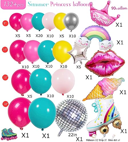Kozee Pink Teal Balloon Garland Arch Kit with Hot Pink Silver Disco roller skate Balloon for princess theme Birthday Party Girl Summer by Beach Pool party decorations