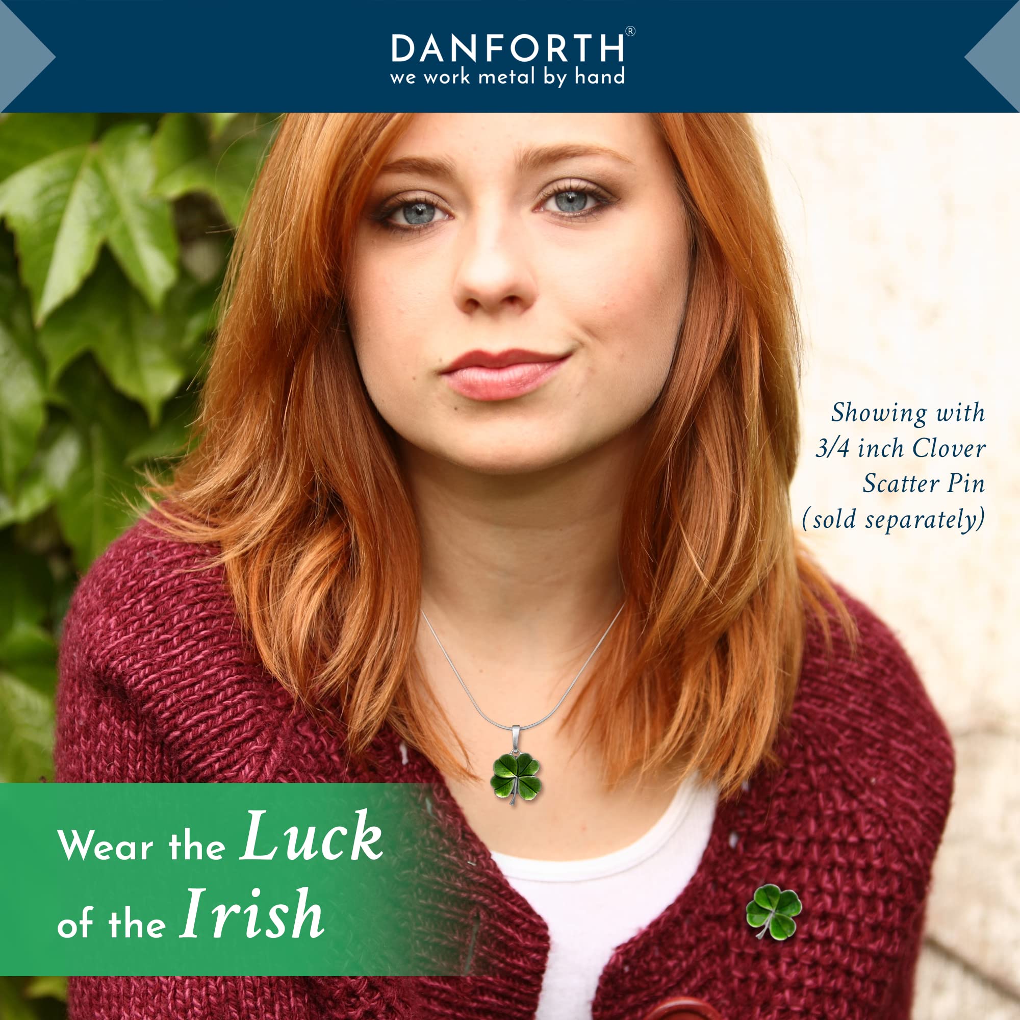 DANFORTH Four Leaf Clover/Shamrock Green Necklace, Handcast Pewter Pendant, 18 Inch Sterling Chain, Made In USA