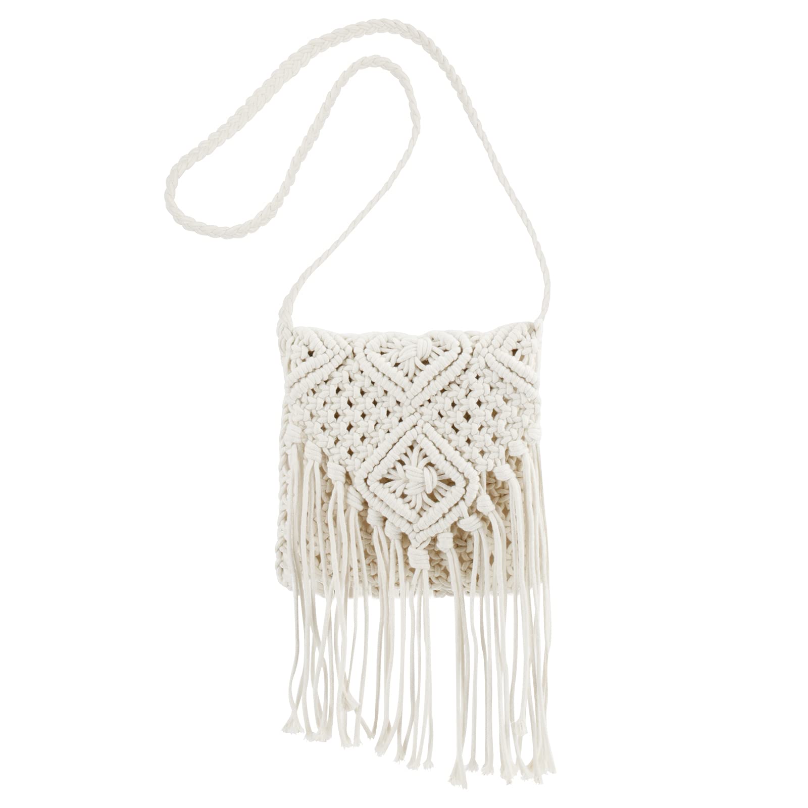 Evevictor Tassel Clutch Purse, Cotton Crochet Shoulder Bag, Bohemian Summer Beach Handbag Handmade Wallet (White)