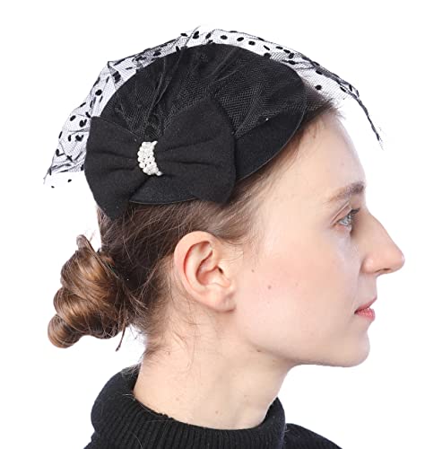 Coolwife Fascinator Hats Pillbox Hat British Bowler Hat Flower Veil Wedding Hat Tea Party Hat (E Black)
