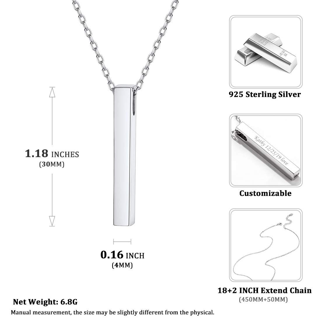 ChicSilver Personalized Bar Necklace, 925 Sterling Silver Simple Vertical Bar Pendant Necklace Custom Names Necklace Message Engraved Dainty Jewelry for Men Women