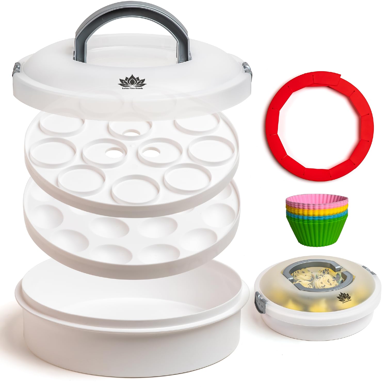 Lotus Fine Goods Premium 4 in 1 Cupcake Carrier with Lid - Cupcake, Deviled Egg, Pie & Cake Container - Includes Pie Crust Shield & 12 Silicone Baking Cups