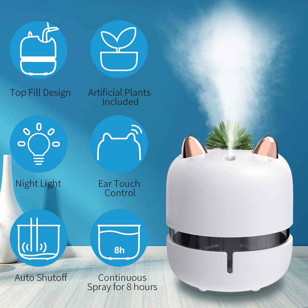 DCMEKA Desk Humidifier, Top Fill Cool Mist Humidifier ,Ear Touch Control USB Personal mini Humidifiers for Baby Bedroom Office Home with Night Light,Auto Shut-Off (Artificial Plants Include)