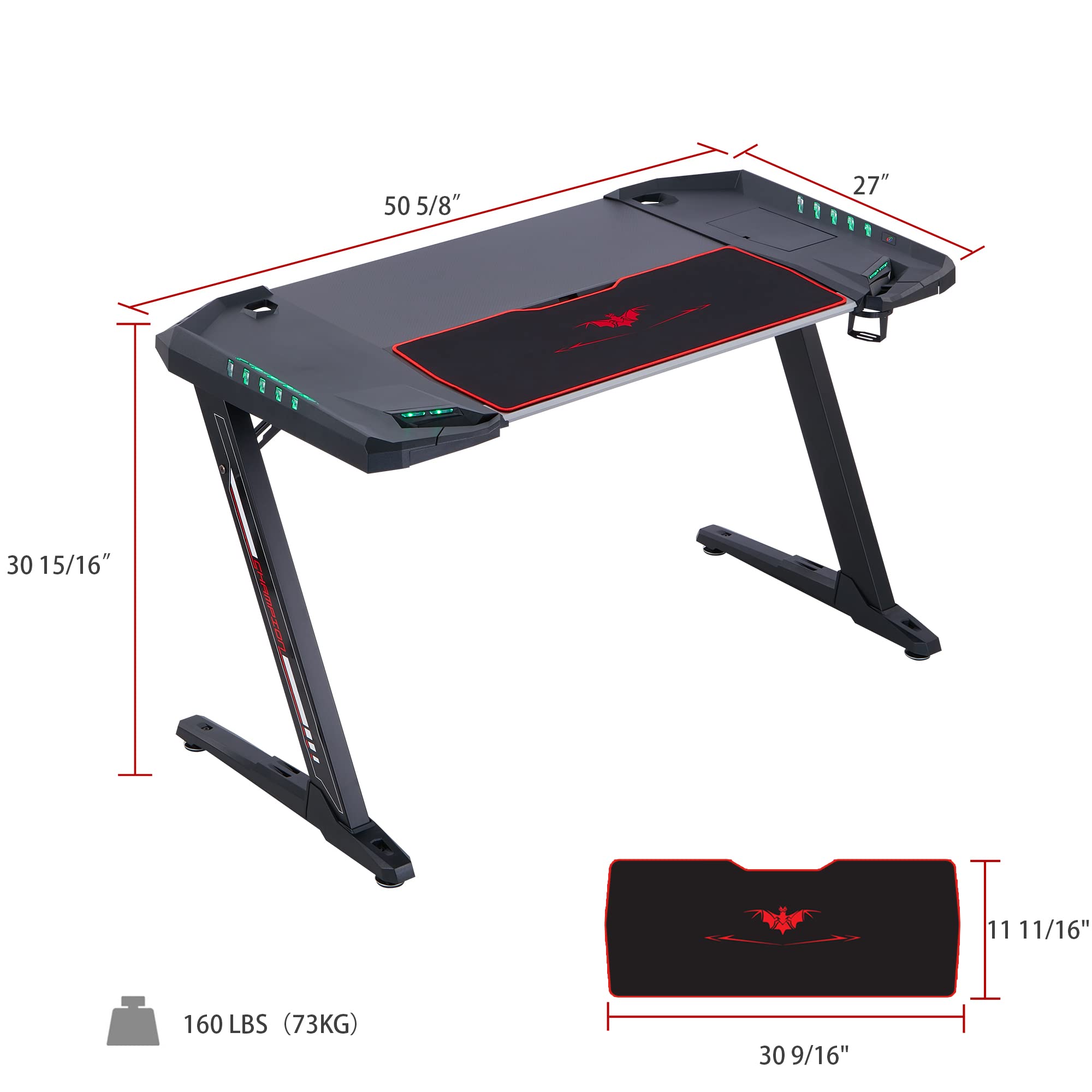EUREKA ERGONOMIC Gaming Desk with led Lights, Multi-Functional Gaming Computer Table with Retractable Cup Holder Headset Hook for Men Boyfriend Female Gift,50 inch