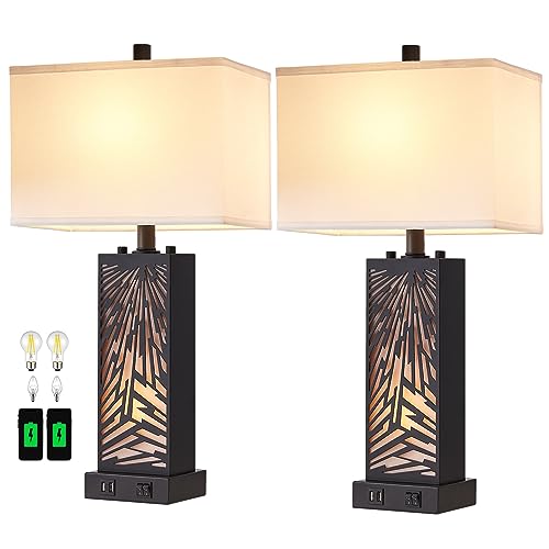 Reyokale Set of 2 Modern Table Lamps for Living Room, Vintage Nightstand Lamp with Dual USB Ports, Contemporary Night Light Desk Lamps for Bedroom Bedside End Table Entryway, 4 Bulbs Included (Black)
