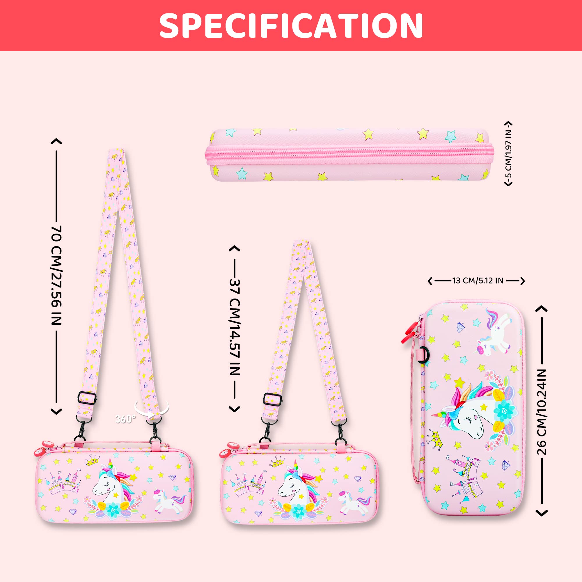 GLDRAM Unicorn Case for Nintendo Switch Accessories, Pink Carrying Case Bundle with Travel Bag, Soft TPU Cover, Screen Protector, Paw Thumb Grip Caps, Shoulder Strap, Cute Switch Kit for Girls