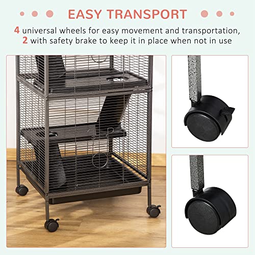 PawHut Metal Small Animal Cage Rolling Big Ferret Cage, Chinchilla Cage, Sugar Glider Cage, with Hammock & 4 Tiers, Removable Tray