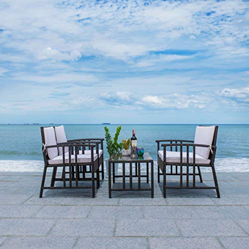SAFAVIEH Outdoor Collection Reslor Wicker Cushion 4-Piece Living Set PAT7713A, Black/White