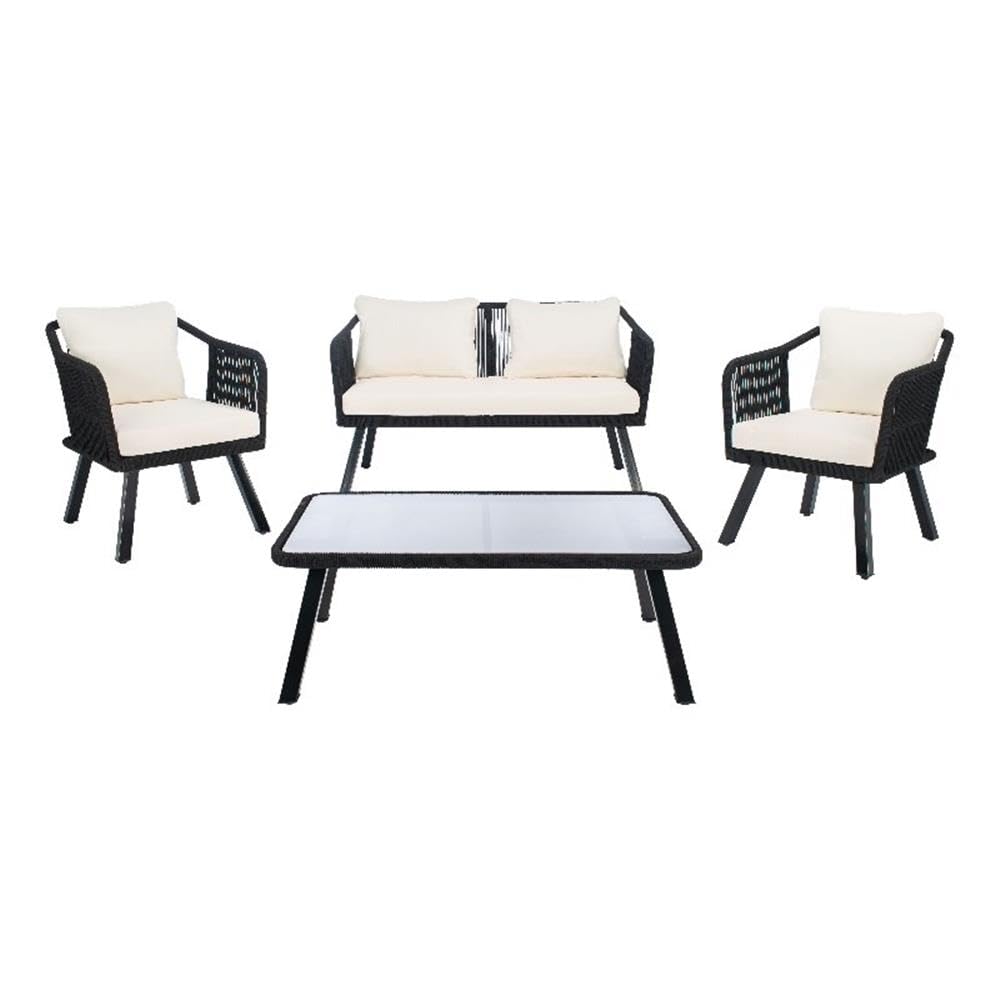 Safavieh Outdoor Collection Torsla Wicker Cushion 4-Piece Rope Patio Backyard Living Set PAT7520B, Black/Beige