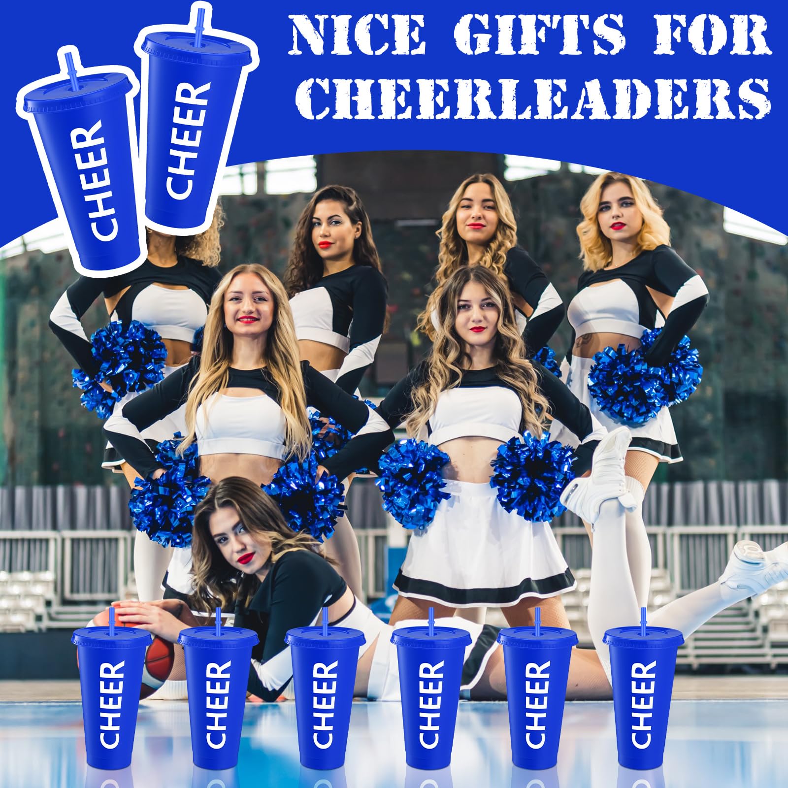 Layhit Cheer Teams Gifts Cheer Tumbler Cups Bulk 24 oz Reusable Cheer Plastic Tumbler with Straw and Lid Cheer Water Bottles for Team(Blue,12 Sets)
